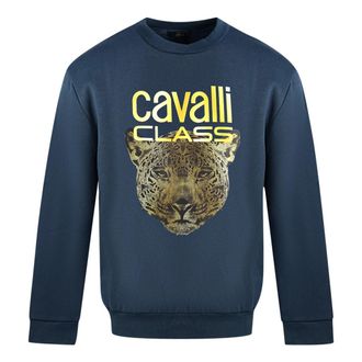 Roberto Cavalli Cavalli Class Leopardenmuster Logo Marineblauer Pullover