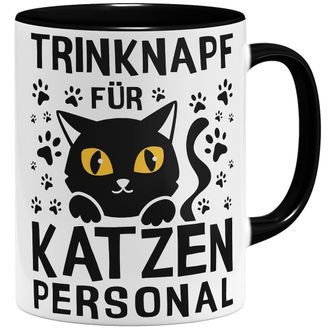 OM3 witzige Kaffee-Tasse mit Spruch - Trinknapf f&uuml;r Katzenpersonal - Katzenliebhaber Katze V - Keramik Becher - 325ml - Beidseitig Bedruckt - Schwarz