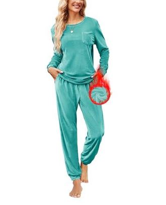 Ekouaer Ensembles de Pyjamas pour Femmes Ensemble de Loisirs en Velours &agrave; col Rond Long Ensemble de Pyjama dhiver Costume de Maison D&eacute;contract&eacute; Chaud Vert lac