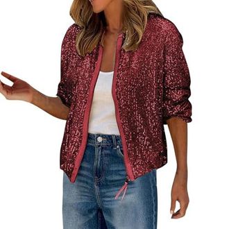 Generic Veste bomber &agrave; paillettes avec fermeture &eacute;clair et manches longues pour femme, Rouge, XXL