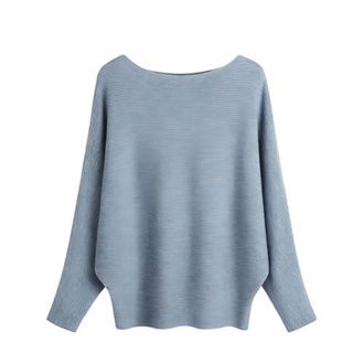 Generic Pull tricot&eacute; &agrave; manches chauve-souris pour femme - Col bateau - Manches chauve-souris - Pull dhiver &agrave; col bateau, bleu jean, Taille unique