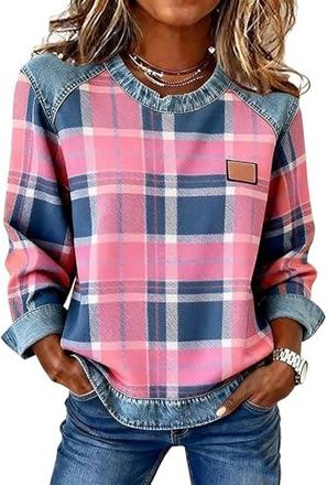 Generic Sweat-shirt pour femme - Mode printemps - Denim - Patchwork - Imprim&eacute; l&eacute;opard - Haut d&eacute;contract&eacute; &agrave; manches longues - Col &agrave; revers - Couleurs contrast&eacute;