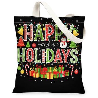 Generic Sacs fourre-tout festifs en toile, cadeaux joyeux, sacs d&eacute;picerie r&eacute;utilisables, sacs dhiver ludiques, l&eacute;gers et lavables, noir, 13x15 Inch