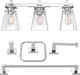 Globe Electric 51413 5-Piece Yorke All-in-One Bathroom Set, 3-Light Vanity Light with Glass Shades, Towel Bar, Towel Ring, Robe Hook, Toilet Paper Holder, Chrome
