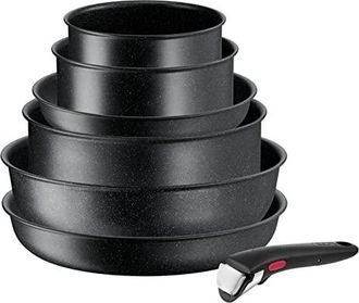 T-fal Ingenio Kochgeschirr-Set, 7-teilig, Induktion, Antihaftbeschichtung, stapelbar, platzsparend, Temperaturanzeige, gesundes Kochen, Made in France, Blac