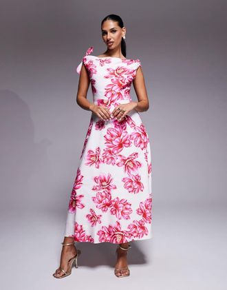 Forever New Midaxi-Kleid mit U-Boot-Ausschnitt, Schleife an den Schultern und rosa Blumenmuster