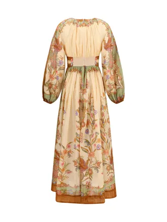 Zimmermann Womens Indra Elasticated Waist Maxi Dress Cream Khaki Scarf Floral Cotton; Silk; Metal Fibers