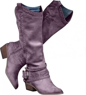 Generic Bottes déquitation mi-mollet pour femme - Souples et vintage - Tricot en cuir - Bout rond - Talons blocs épais - Chaudes à lacets - Bottes de neige ha