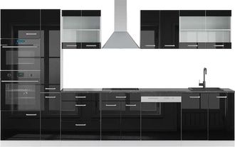 Vicco Küchenzeile R-Line, Schwarz Hochglanz/Weiß, 350 cm mit Hochschrank, AP Anthrazit