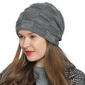 DonDon Bonnet Femme Hiver Slouch Beanie Bonnet Laine avec Doublure Chaude en Polaire - Gris Blanc