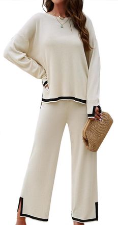 OLIPHEE 2 Teiler Damen Elegant Stricktop und Strickhose Sommer Set Damen Outfit Bequeme Loungewear Damen Set Damen Business Casual Set Freizeit Trainingsanzug