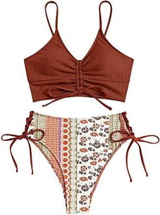 Zaful Women V Neck Drawstring Bikini Set Ruched Side Tie High Waisted Swimwear Lace up 2 Pieces Bathing Suit (Brown, L)