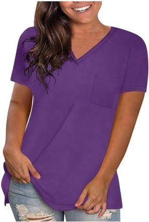 Generic Chemisier uni à manches courtes pour femme - Tendance et décontracté - Couleur unie - Col en V - Manches courtes - Poche - T-shirt pour la vie quotidi