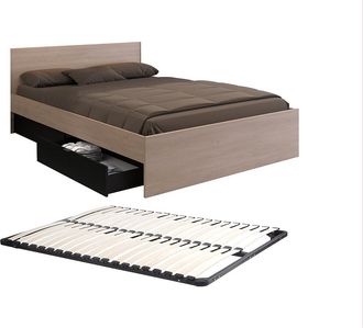 Vente-Unique Bett mit 4 Schubladen + Lattenrost - 140 x 190 cm - Naturfarben & Schwarz - VELONA