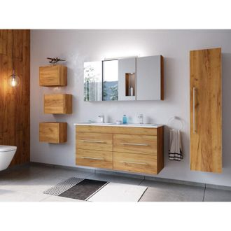 Magnolia Home Badm&ouml;belset Helios 4-teilig Spiegelschrank Hochschrank 3er Boxen eiche gold