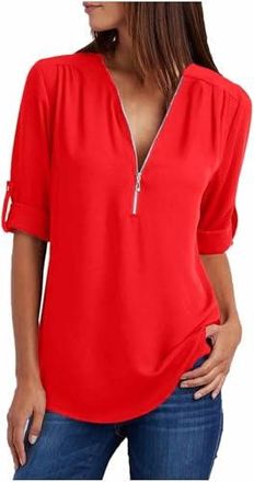 Generic Tee Shirt Femme Grandes Tailles Haut Zippé Tunique À Manches Longues Sexy Col en V Top Lâche Couleurs Unies Blouses Décontractées Respirant Confortabl