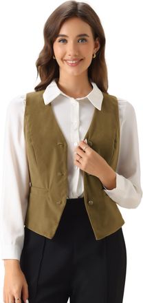 Allegra K Damen &Auml;rmellos Knopfleiste Formell Samt Vintage Anzugweste Velvet Weste Khaki S