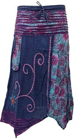 Shopoholic Fashion Jupe longue brodée faite à la main pour femme avec motif floral hippie, bleu, Taille unique