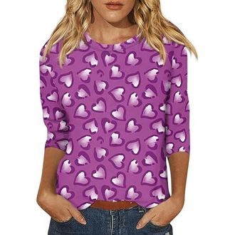 Generic Chemisier &agrave; manches 3/4 pour femme - Motif coeur mignon - Tunique en coton &agrave; col rond - T-shirt amusant pour sortir, vacances, Saint-Valentin, rendez-