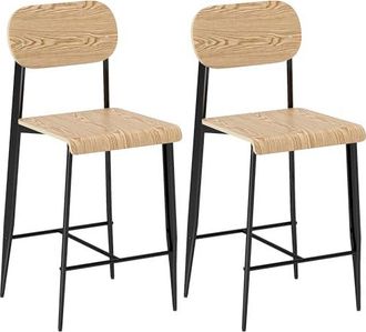 HOMCOM Lot de 2 tabourets de Bar, tabourets de Cuisine, chaises de Bar Hauts 65H cm avec Dossier, Structure en Acier, Effet Bois Naturel