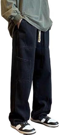 Generic Jean cargo pour homme - Jean baggy pour homme - Jean cargo droit avec poches, noir, Taille L