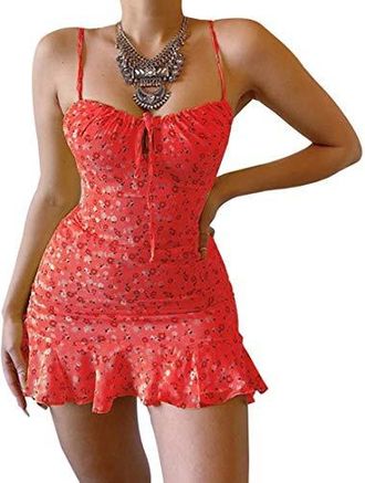 Onsoyours Femmes Dété Robe Sexy sans Manches Fleur Imprimé Moulante Mini Robe Décontracté Sexy Clubwear Mini Robe Robe de Soirée A Rouge XS