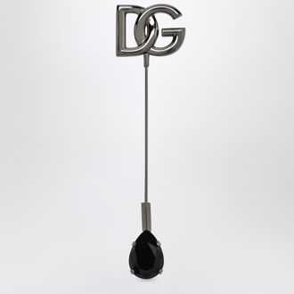 Dolce & Gabbana Brosche mit DG-Logo und Strass aus Metall in Ruthenium