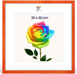 MG Design Bilderrahmen 30 x 30 cm - Posterrahmen mit Orange Holzrahmen (Echtholz) und bruchsicherem Acrylglas, Hoch & Quer mit stabiler Wandaufh&auml;ngung