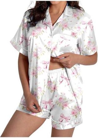 Generic Ensemble de pyjama &agrave; manches courtes avec col en V imprim&eacute; et poche boutonn&eacute;e pour la Saint-Valentin 2026 (2), blanc, XXL