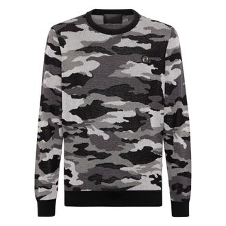 Philipp Plein Homme, Pulls, Gris, Taille: XL Pullover Col Rond Camouflage