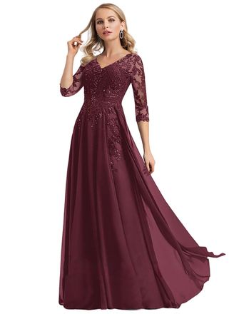 Huini Damen Chiffon Brautmutterkleider Lange Abendkleider Elegant F&uuml;r Hochzeitkleid Hochzeitsgast Damen Spitze Perlen V-Ausschnitt Abendklei