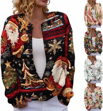 Generic HUIFUAO - Cardigan de No&euml;l amusant pour femme, imprim&eacute; sapin de No&euml;l, sucre dorge, pull de No&euml;l grande taille, manches longues, boutonn&eacute;, manteaux tri