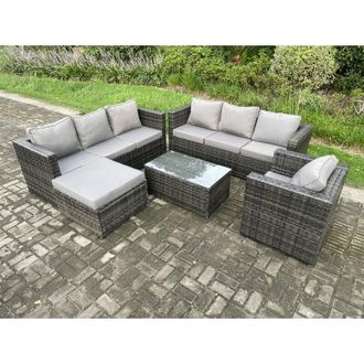 Fimous 8-Sitzer Rattan Gartenm&ouml;bel Set Indoor Outdoor Patio Sofa Set mit L&auml;nglichem Couchtisch Sessel Gro&szlig;er Fu&szlig;hocker Dunkelgrau Gemischt - Fimous