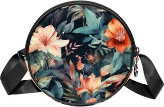 Generic Sac &agrave; bandouli&egrave;re rond pour femme, motif fleurs et feuilles, sac &agrave; dos avec fermeture &eacute;clair, bretelles r&eacute;glables, sac &agrave; main rond d&eacute;contract&eacute; pour fe