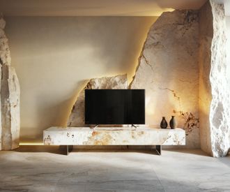 DELIFE Lowboard Cuor 200 cm Keramik Minas Melange Wei&szlig;-Beige 1 Klappe 1 Schubfach Fu&szlig; Schwebeoptik Edelstahl, Lowboards