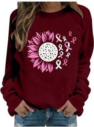 Generic Cancer du Sein Octobre Ruban Rose Sweatshirt Femme Manches Longues Cancer du Sein Sensibilisation Rose Octobre Pullover Elegant Sweat Haut Shirt Tops 