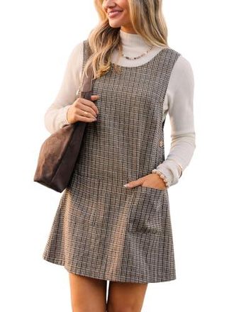 Cupshe Robe dautomne pour femme avec boutons lat&eacute;raux et col rond et poches Motif pied-de-poule, marron, Taille M