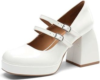 Dream Pairs Mary Jane - Escarpins à talons hauts et bout fermé - Bout carré - Double sangle - Pour femme, Pat blanc, 37 EU