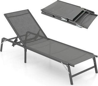 Costway Costway - Chaise Longue, Bains de Soleil Pliable avec Dossier R&eacute;glable &agrave; 5 Positions, Tissu Respirant, Cadre M&eacute;tallique, pour Piscine, Terrasse, Gris