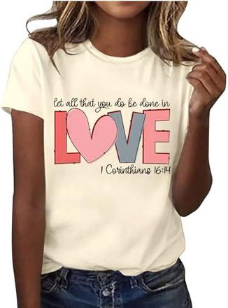 Generic T-shirt d&eacute;contract&eacute; &agrave; manches courtes et col rond imprim&eacute; coeur pour femme 2026 Saint-Valentin, beige, 3XL
