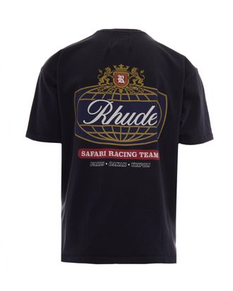 Rhude Mens T-Shirt Safari Crest Vintage Black Black-Blue-Red Cotton T-Shirts Black/blue/red And Polos