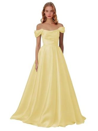 Generic Robe de bal longue froncée en satin à épaules dénudées pour femme avec poches, jaune, 56 Grande taille