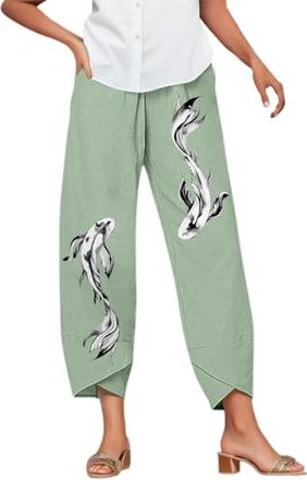 Generic Pantalon en coton et lin pour femme - Jambe large - Pantalon de plage d&eacute;t&eacute; pour femme - Confortable - Pantalon de yoga Palazzo XIYU26017, vert clair, 