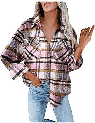 Generic Veste en peluche pour femme - Sweat à capuche pelucheux - Chemises à carreaux brossés à manches longues en flanelle boutonnée - Veste décontractée à p
