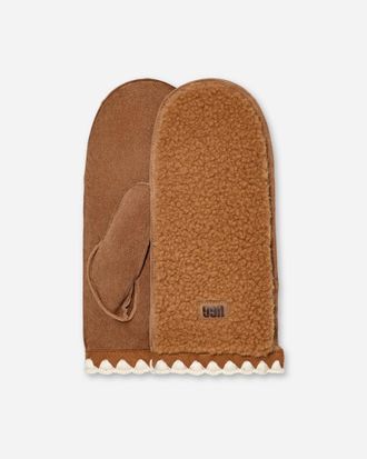 UGG F&auml;ustlinge aus fluff mit Muschelrand f&uuml;r Damen in Brown, Gr&ouml;&szlig;e Leder/Fleece