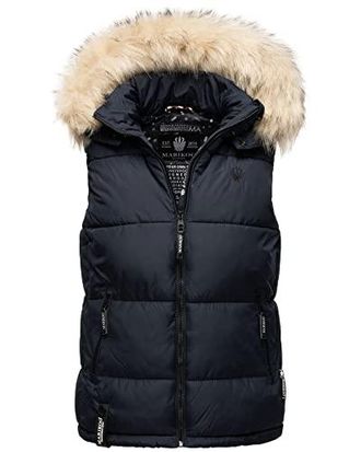 Marikoo B896 Gilet dhiver matelass&eacute; pour femme avec capuche et col en fourrure, bleu marine, XS
