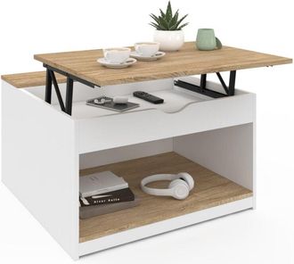 IDMarket Idmarket - Table basse plateau relevable carrée elea avec coffre bois blanc et façon hêtre