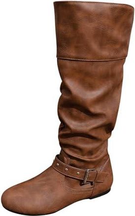 Generic Bottes r&eacute;tro pour femme/hiver : bottes hautes avec sangle, boucle, bout rond et bande d&eacute;corative 42 femme, marron, 39 EU