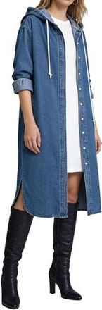 Generic Veste en jean &agrave; capuche pour femme, ouverte sur le devant, longue et d&eacute;contract&eacute;e, style trench-coat oversize tendance, bleu fonc&eacute;, grande taille. Col