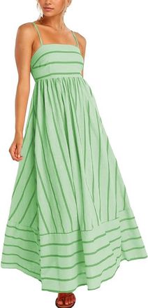 Feoya Damen Riemchenkleid Gestreifter R&uuml;cken Gesmoktes Maxikleid Sexy Spaghettitr&auml;ger Ausschnitt Sommer Strand Urlaub Langes Kleid Gr&uuml;n S